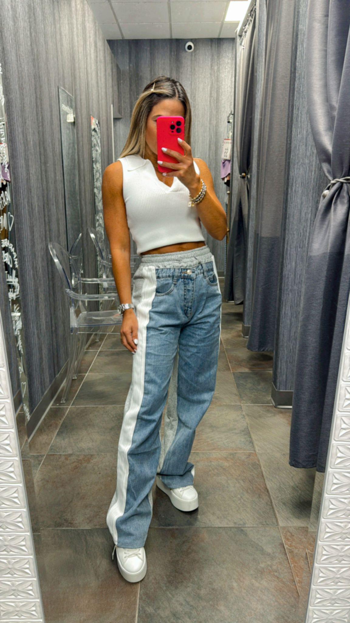 1001 Side stripes contrast denim pants – kiutbylinda